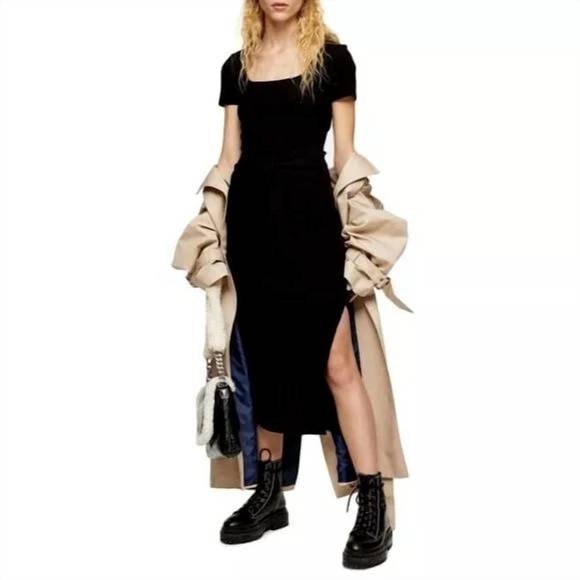 Topshop | Dresses | New Topshop Rib Knit Tie Waist Slit Bodycon Stretch ...
